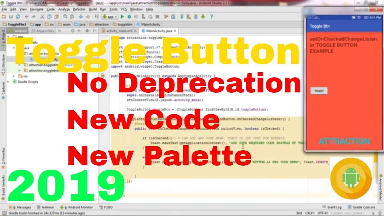 Android Studio tutorial - Android toggle button example. ToggleButton onClick. (2019)
