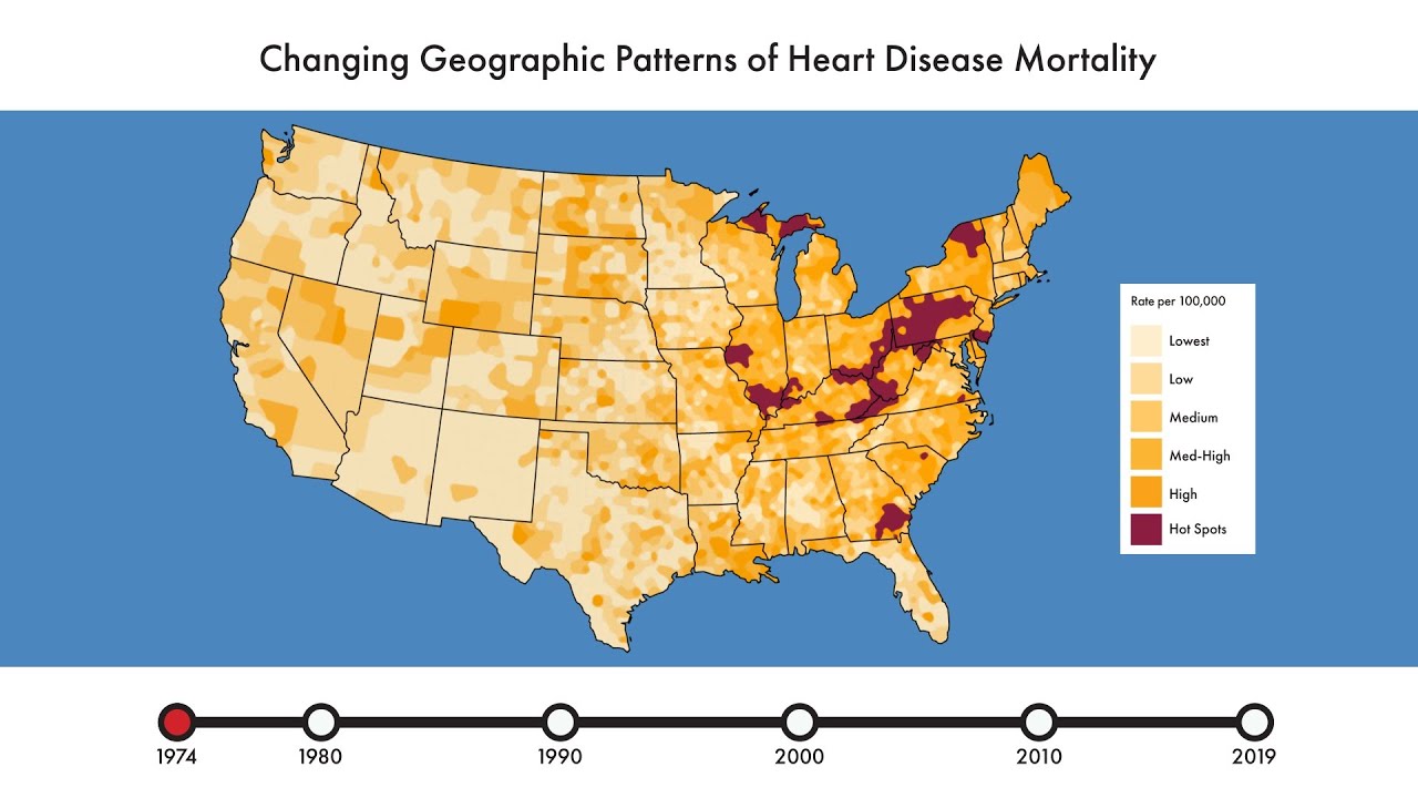 CDC Map: Changing Geographic Patterns of Heart Disease Mortality, 1974 - 2019