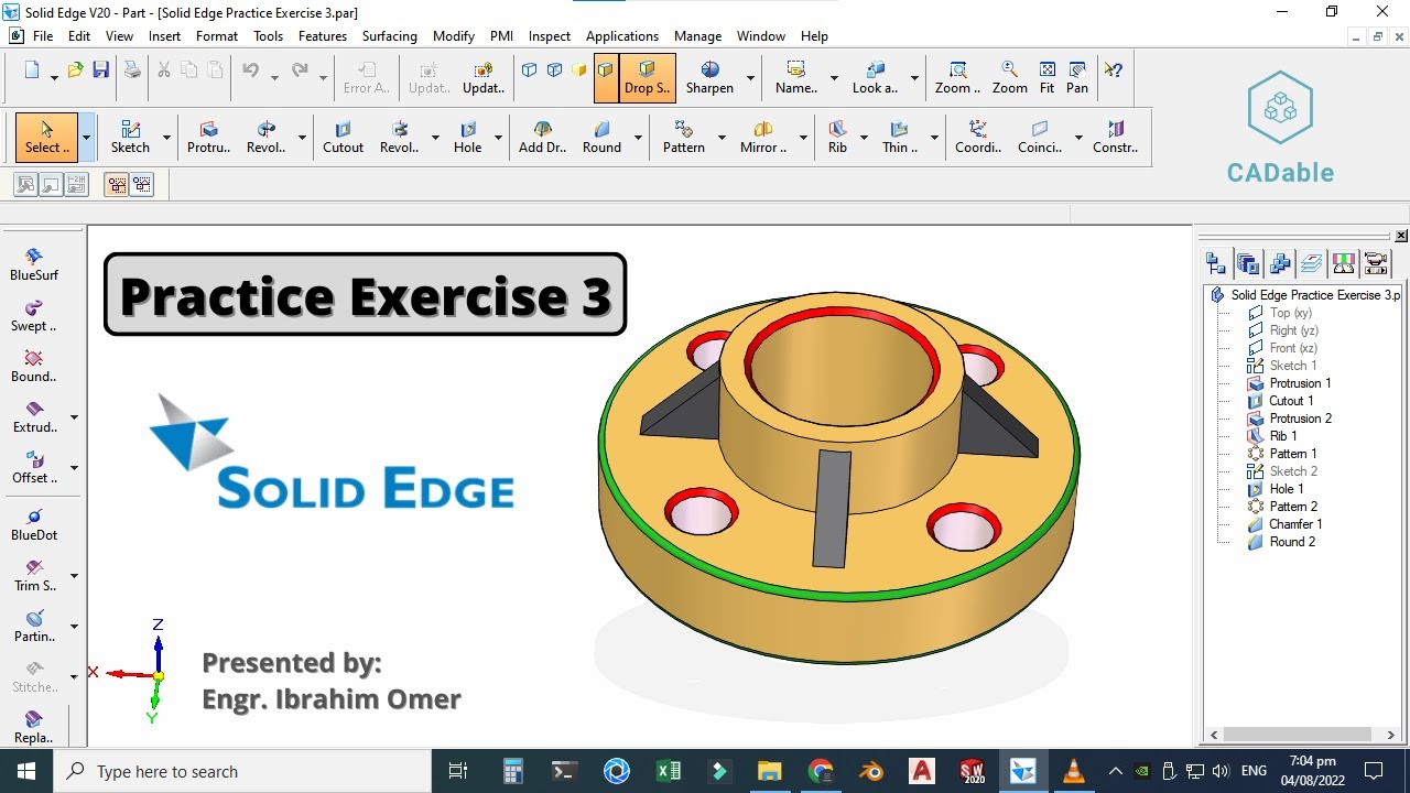 Solid Edge Exercise 3 | Solid Edge V20 Tutorials | Create Rib in Solid Edge | CADable tutorials