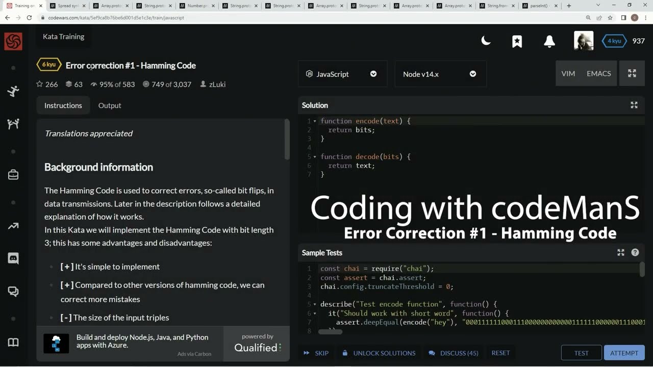 Codewars 6 kyu Error Correction #1 - Hamming Code Javascript