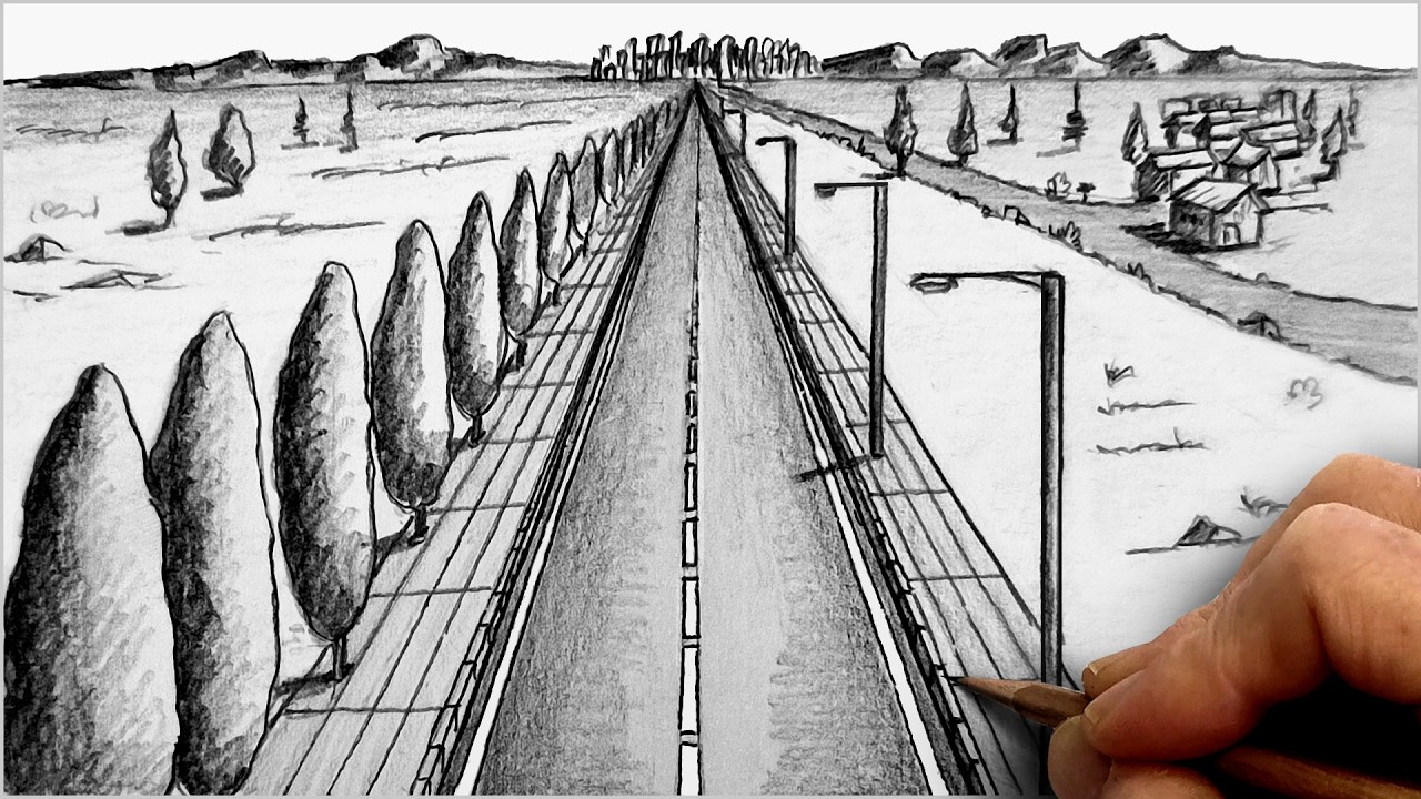 One Point Perspective Lesson for Beginners: ROAD Drawing from ABOVE