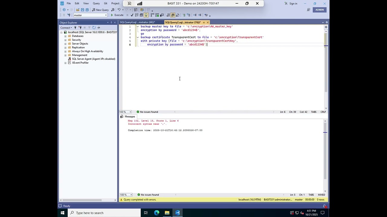 Creating and backing up keys and certificates in Microsoft SQL
