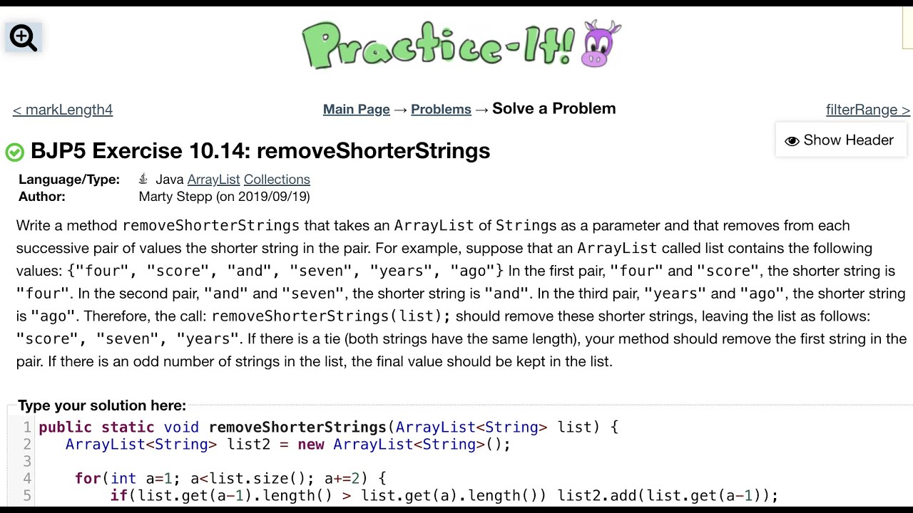Java Practice It | Exercise 10.14: removeShorterStrings (2) | ArrayList, collections, array list