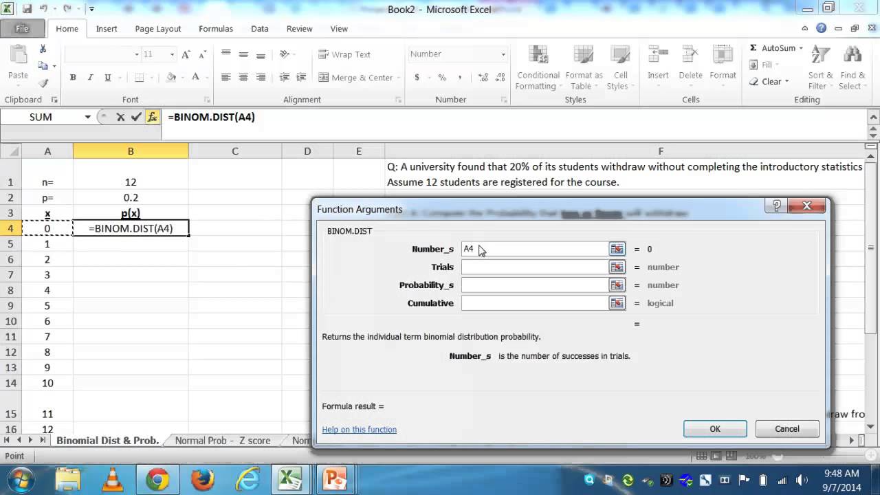 Excel 2010 - Binomial Distribution and Probabilities