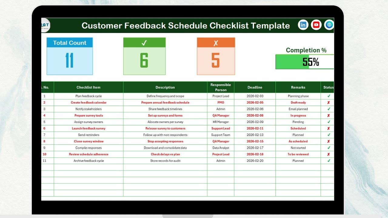 Customer Feedback Schedule Checklist in Excel