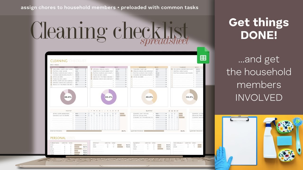 Family Cleaning Checklist Spreadsheet • Household Cleaning Schedule • Cleaning Chore Planner