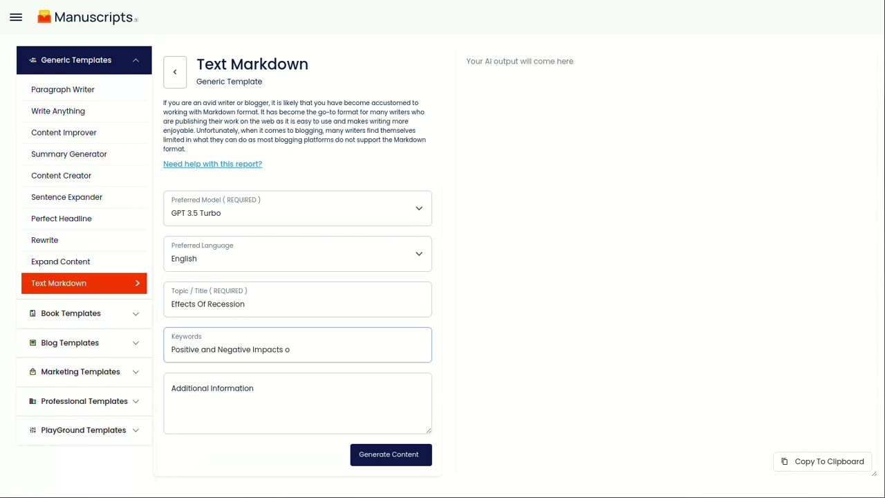 Manuscripts.ai - How To Run A 'Text Markdown' Report Via AI Tools?