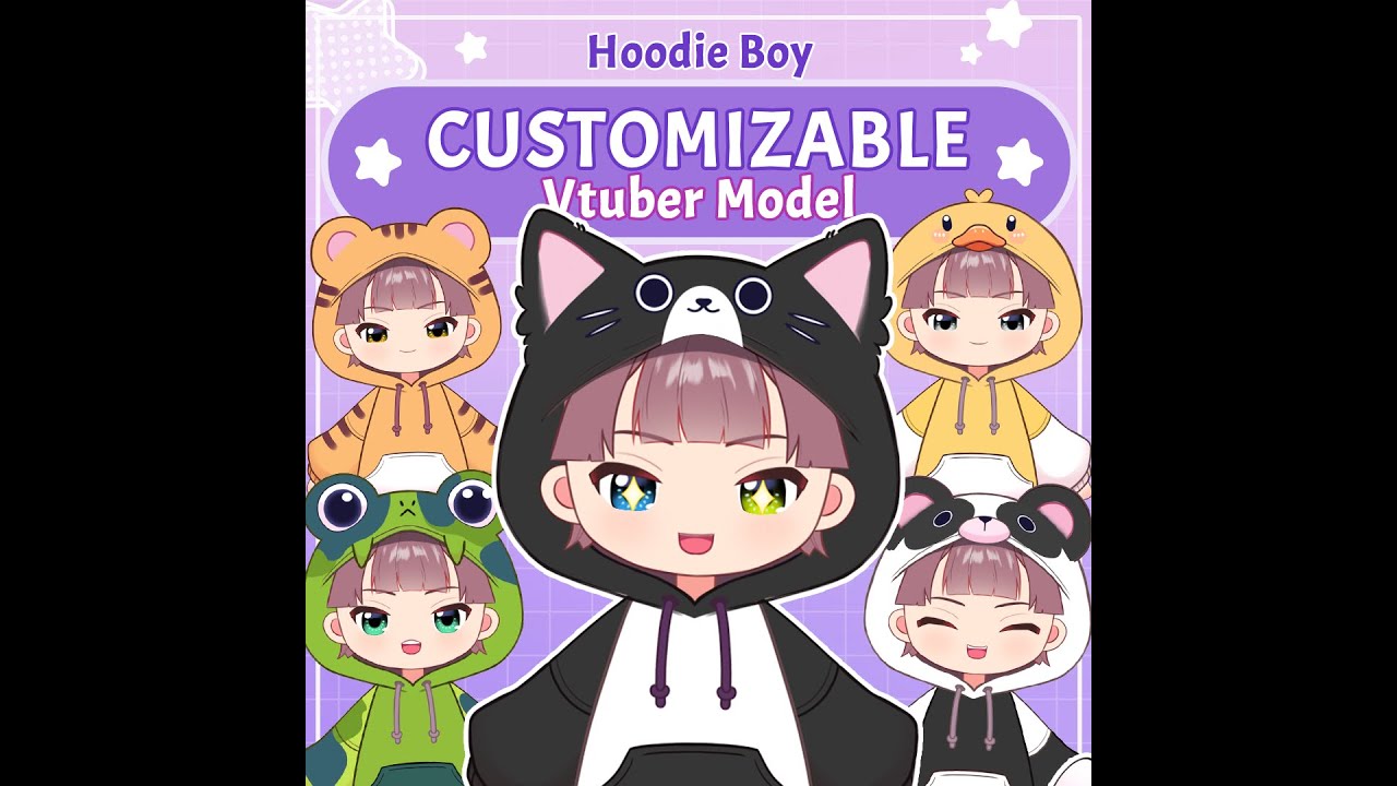 Customizable Live2d Male Vtuber Model - Premade Hoodie Boy Chibi Model for Streaming