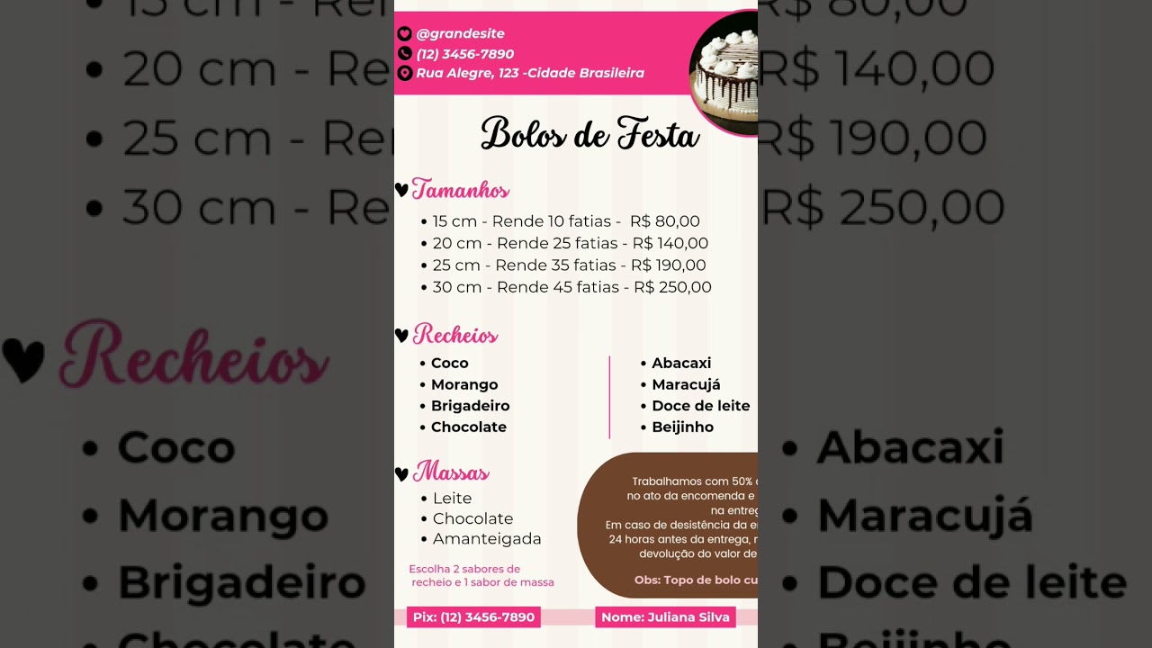 CARDÁPIO DE DOCERIA E CONFEITARIA