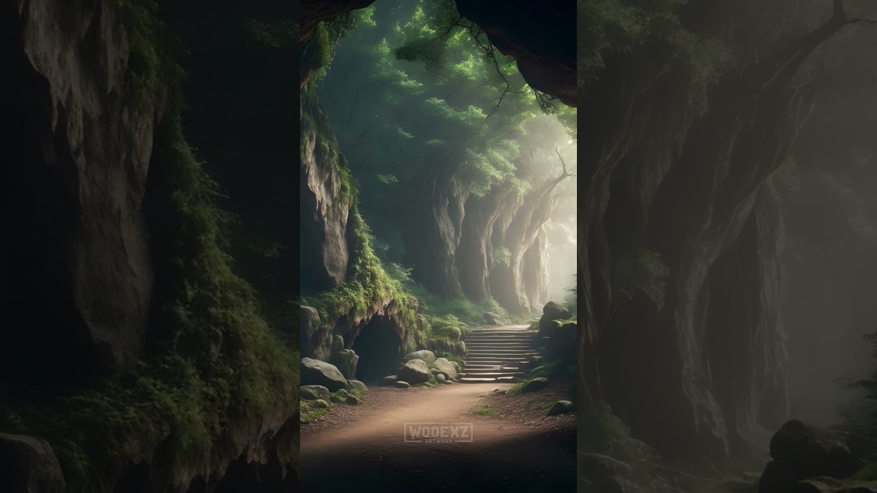 Cave in fantasy forest background
