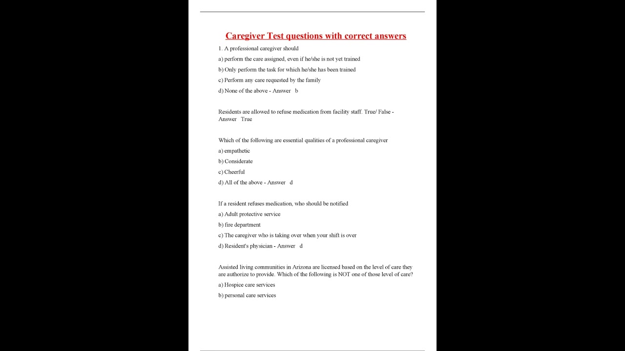 Caregiver Test questions with correct answers