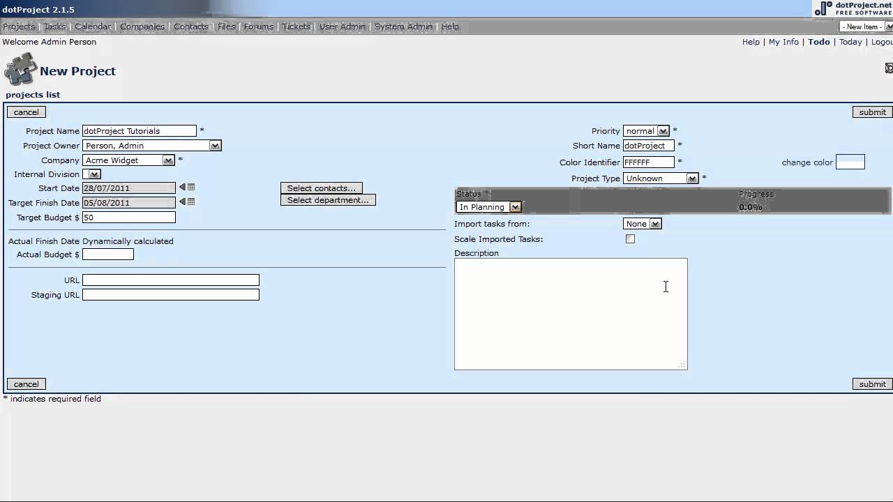 dotProject tutorial - Creating a Project