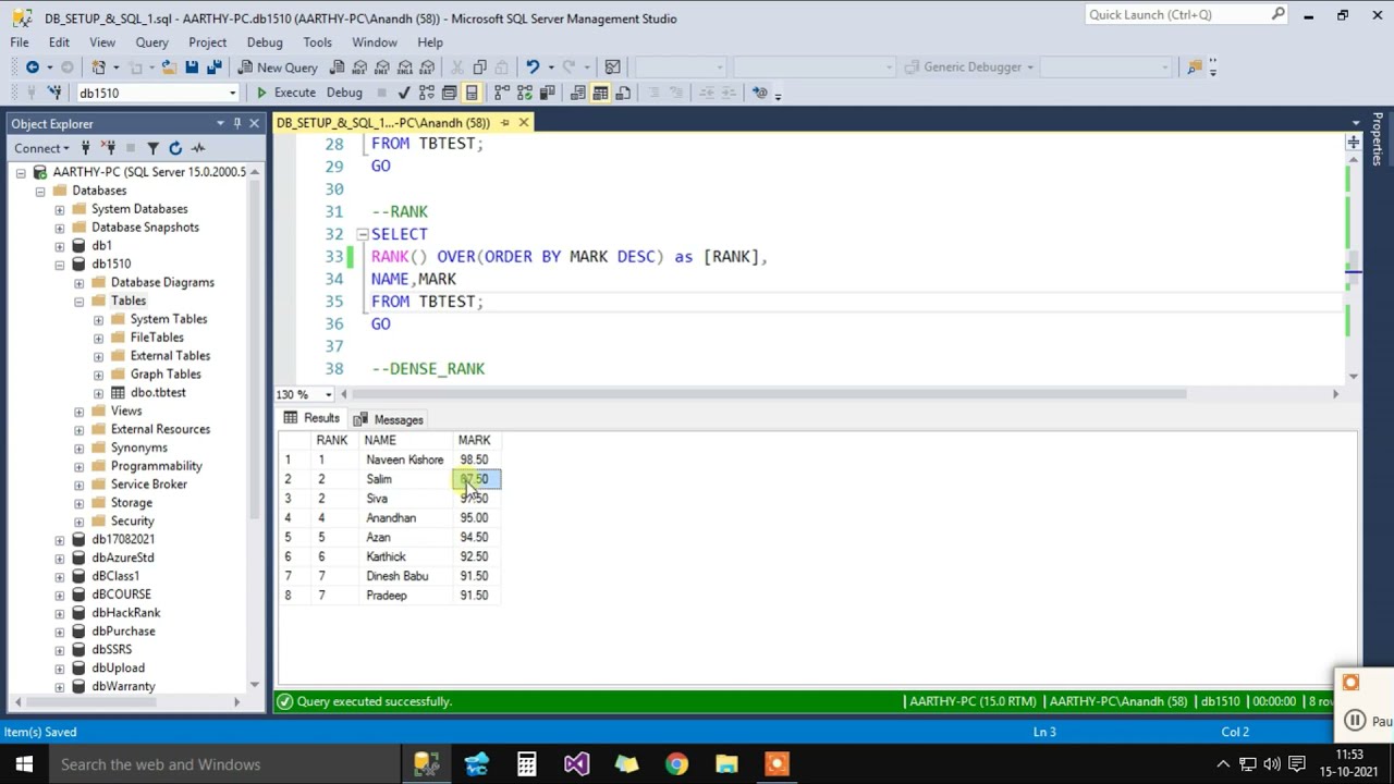 Ranking functions in SQL Server