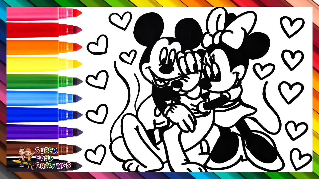 Draw and Color Mickey Mouse, Minnie Mouse and Pluto ❤️⚫⚫🎀🐭🐶 Drawings for Kids