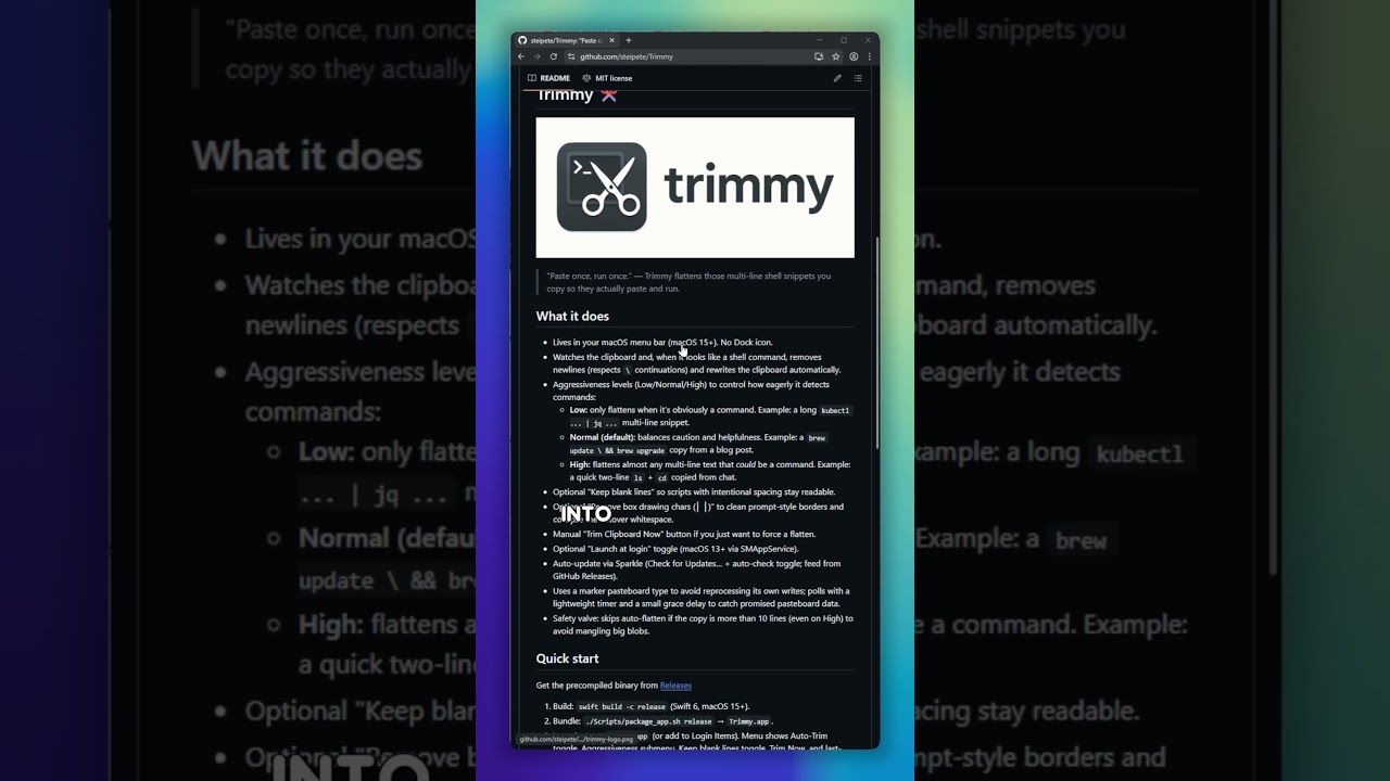 Trimmy: a tiny macOS menu bar app with one job: Paste once, run once.  #github