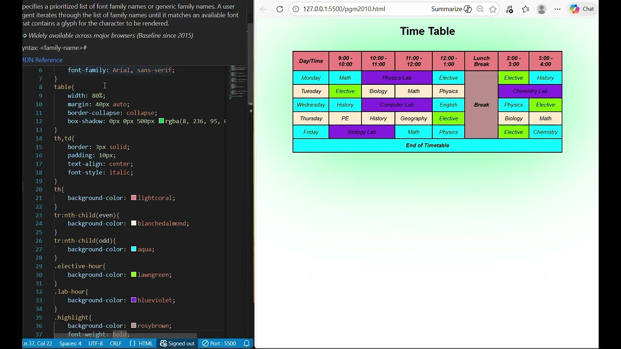 “BCSL504 Web Lab Program 2: Creating a Timetable Using HTML, CSS, and JavaScript” for 5th sem cse