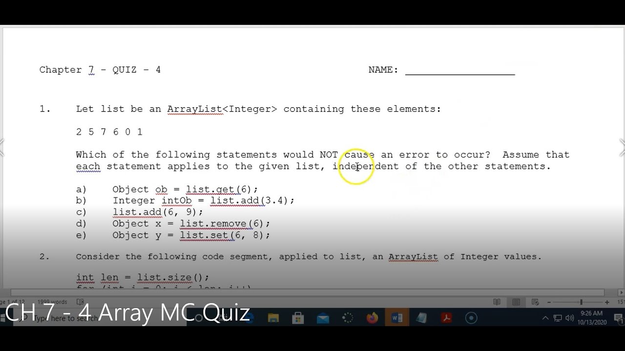 JAVA - Lesson #102 - APCSA - CH. 7 - 4 Practice Array MC Quiz