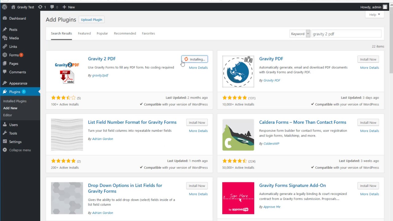 Gravity 2 Pdf - Wordpress Install to PDF Dcoument building