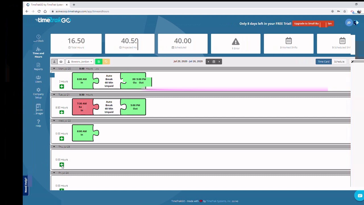 TimeTrakGO Time and Hours Overview
