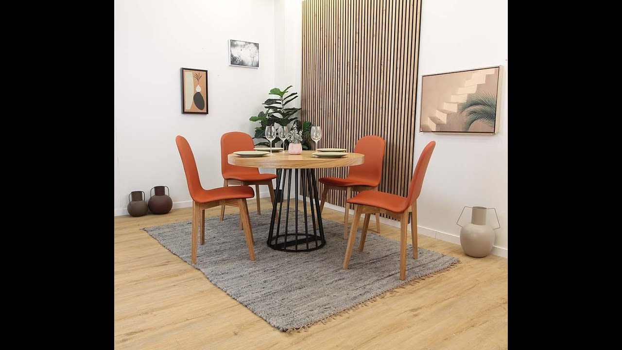 Mesa redonda extensible de comedor con encimera gruesa y pie metalico Taifin en blanco, madera negro