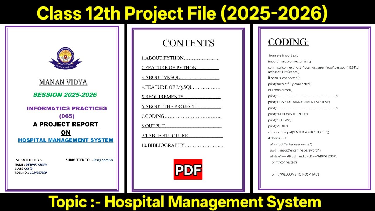 Class 12 IP/CS Project File 2025-26 | Hospital Management System with PDF | #pdf 