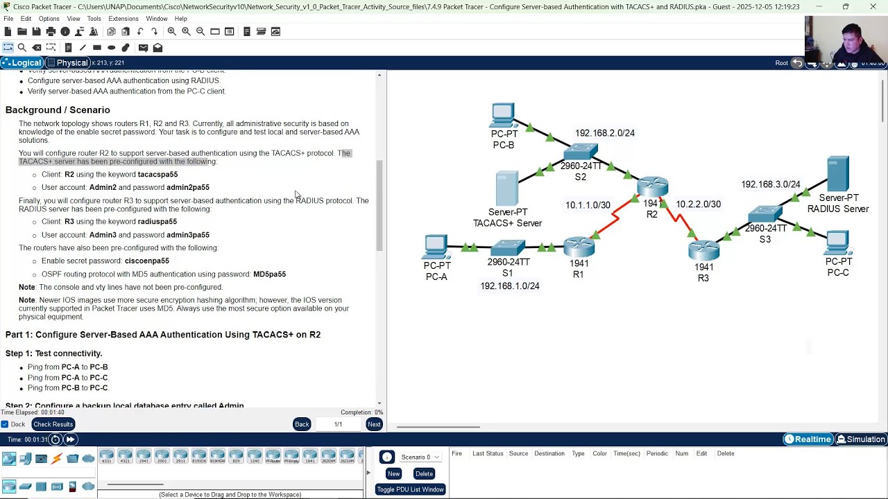 7.4.9 Packet Tracer - Configure Server-based Authentication with TACACS+ and RADIUS