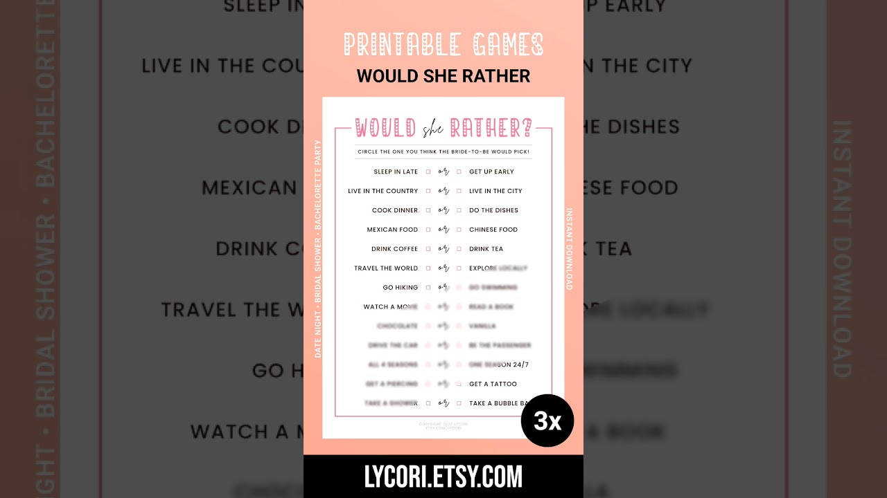 Would She Rather, Printable Game, Bridal Shower, Hen Party #wouldyourather #printables