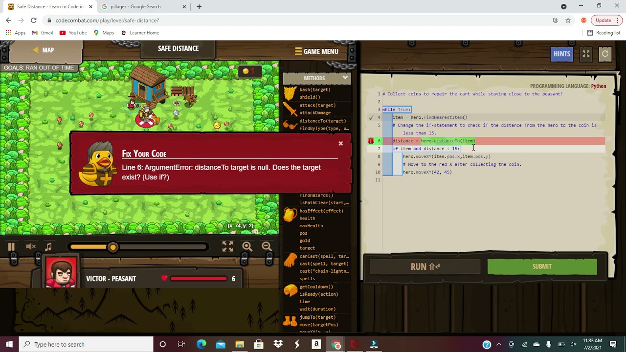 Safe Distance in Python codecombat
