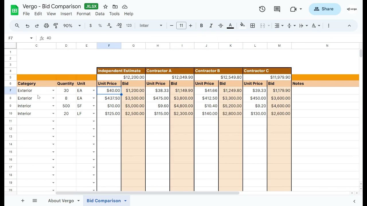 Vergo Bid Comparison Template in Google Sheets