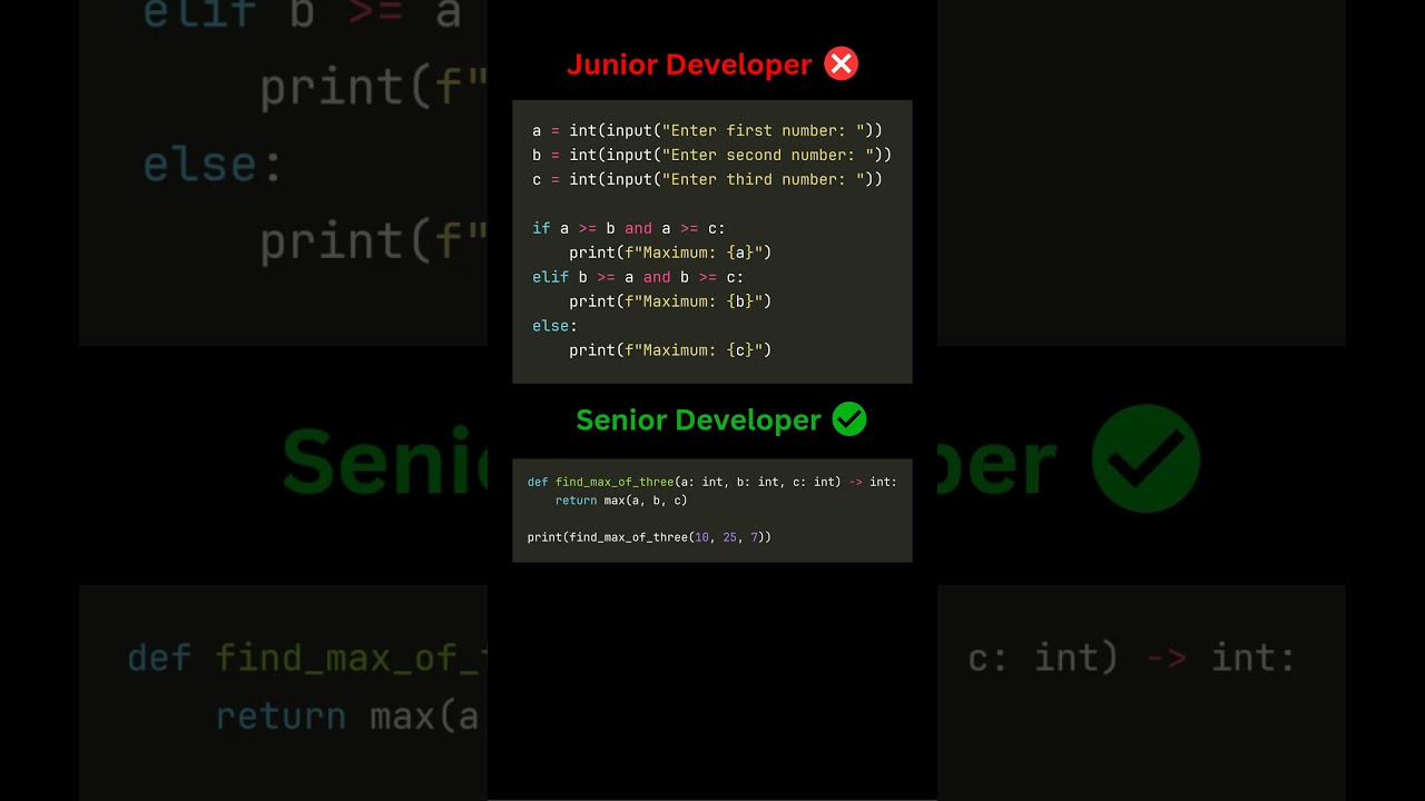 Junior vs Senior Python Developer: Find the Max of Three Numbers #PythonTips