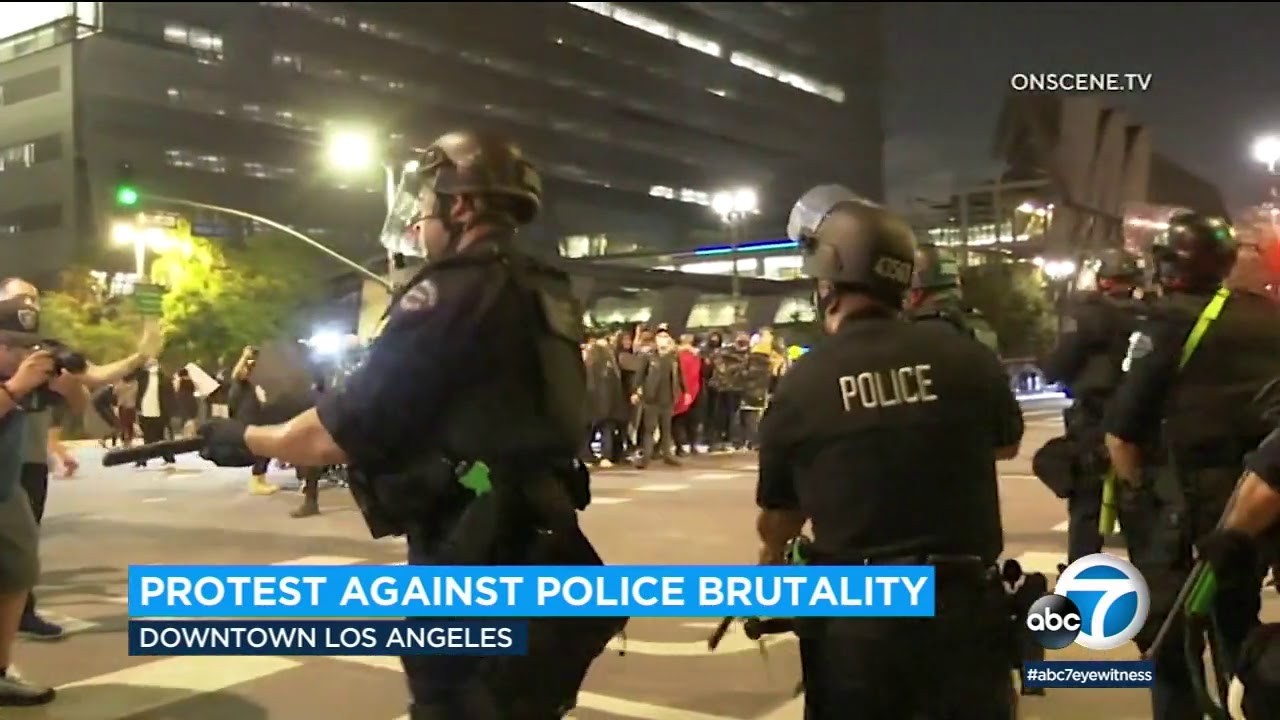 Scuffle breaks out, unlawful assembly declared after protesters march to LAPD headquarters