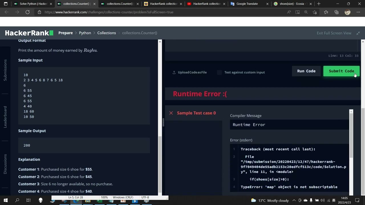 collections.Counter( ) Hacker Rank Challenge in Python Run - Time Error Solved