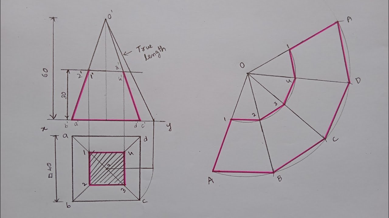 Lateral Surface of Truncated Square Pyramid | Engineering Drawing