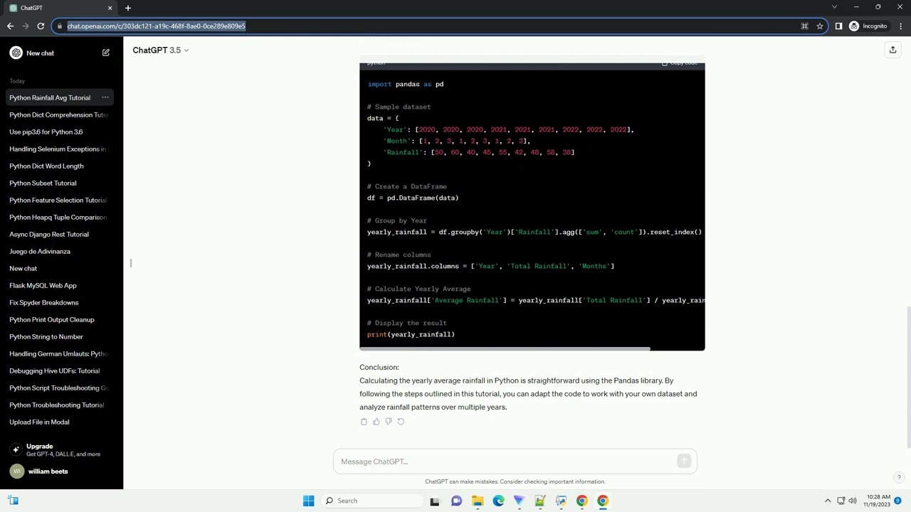 Python Average Rainfall how to get yearly average