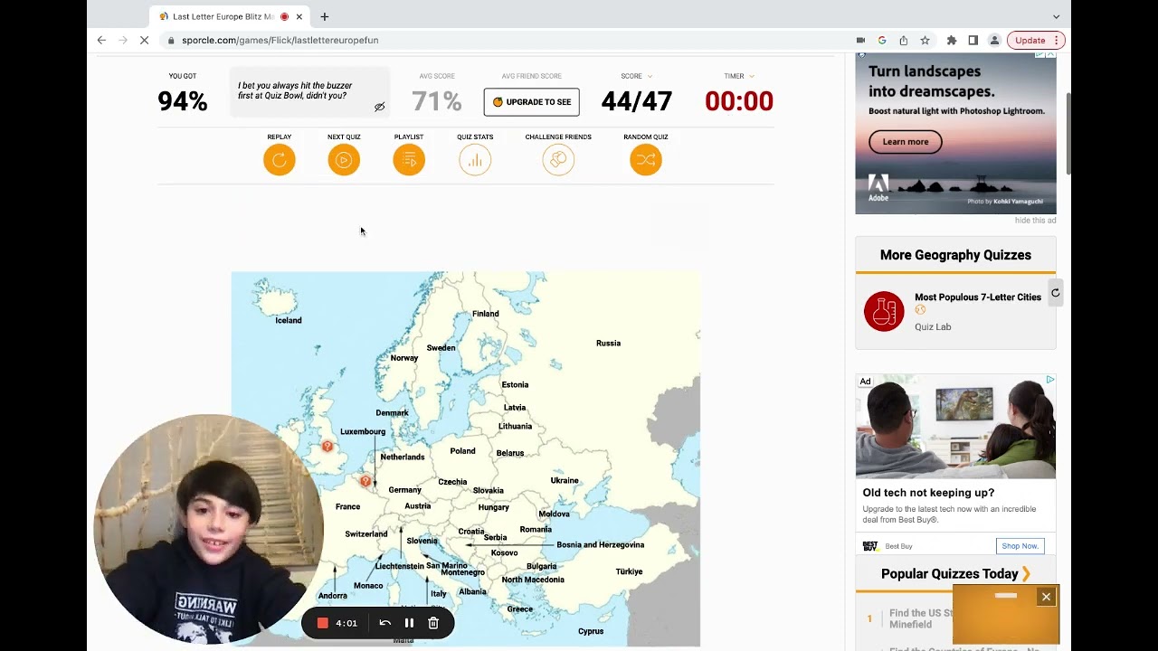 Last Letter Europe Map Quiz