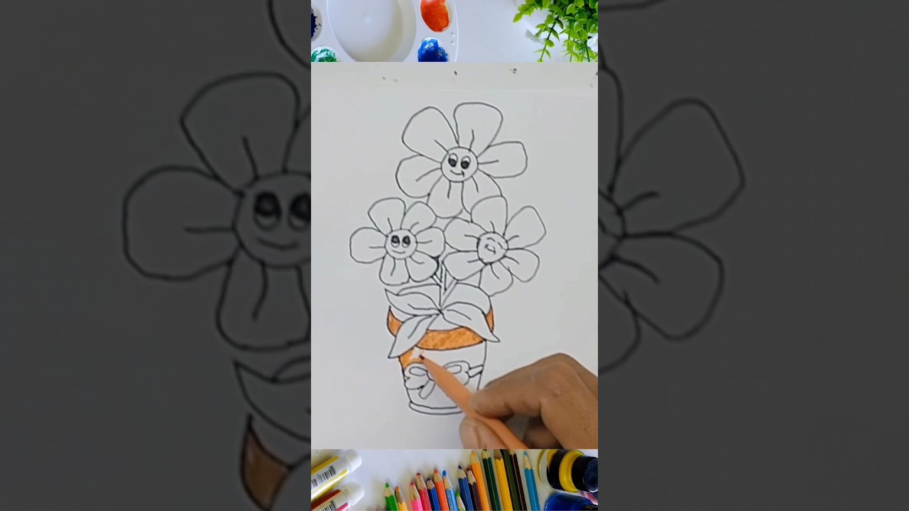 menggambar dan mewarnai gambar bunga dalam pot #mewarnai #gambar #bunga #shorts