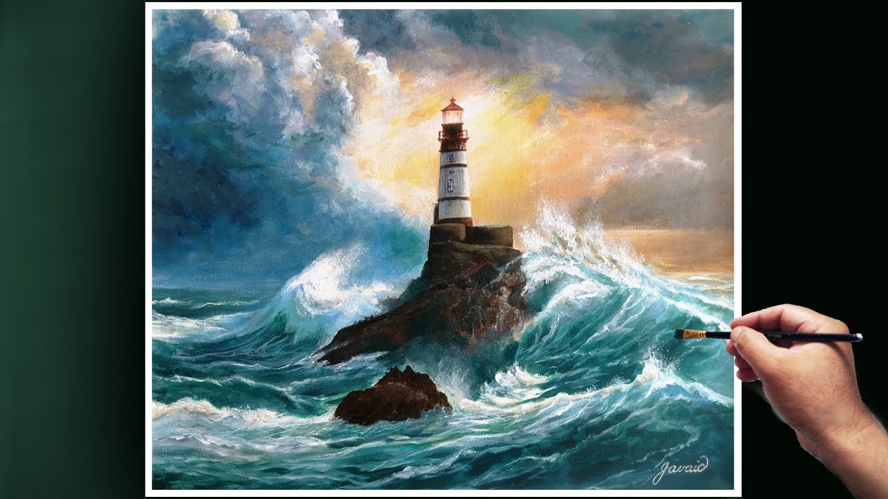 Painting Lighthouse  & Stormy waves with Acrylics | Tutorial for Beginners
