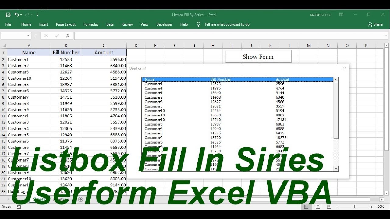 Listbox fill In series Useform Excel VBA