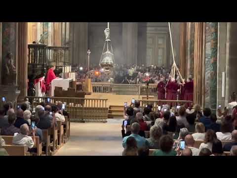 At the Cathedral of Saint James in Santiago de Compostela, Spain the famous botafumeiro flies!