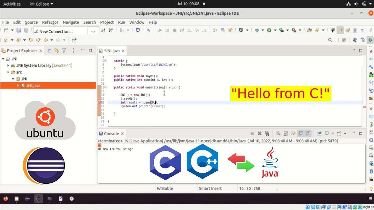 Execute C program in Java with Java Native Interface (JNI) on Ubuntu with Eclipse | C to Java