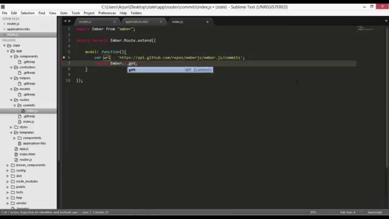 ember.js cli - jquery getJSON, git commits example