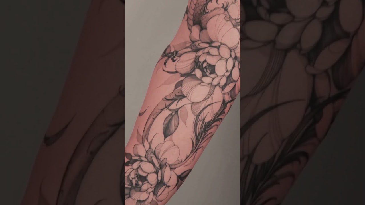 Dragon & peony arm tattoo by Inlove