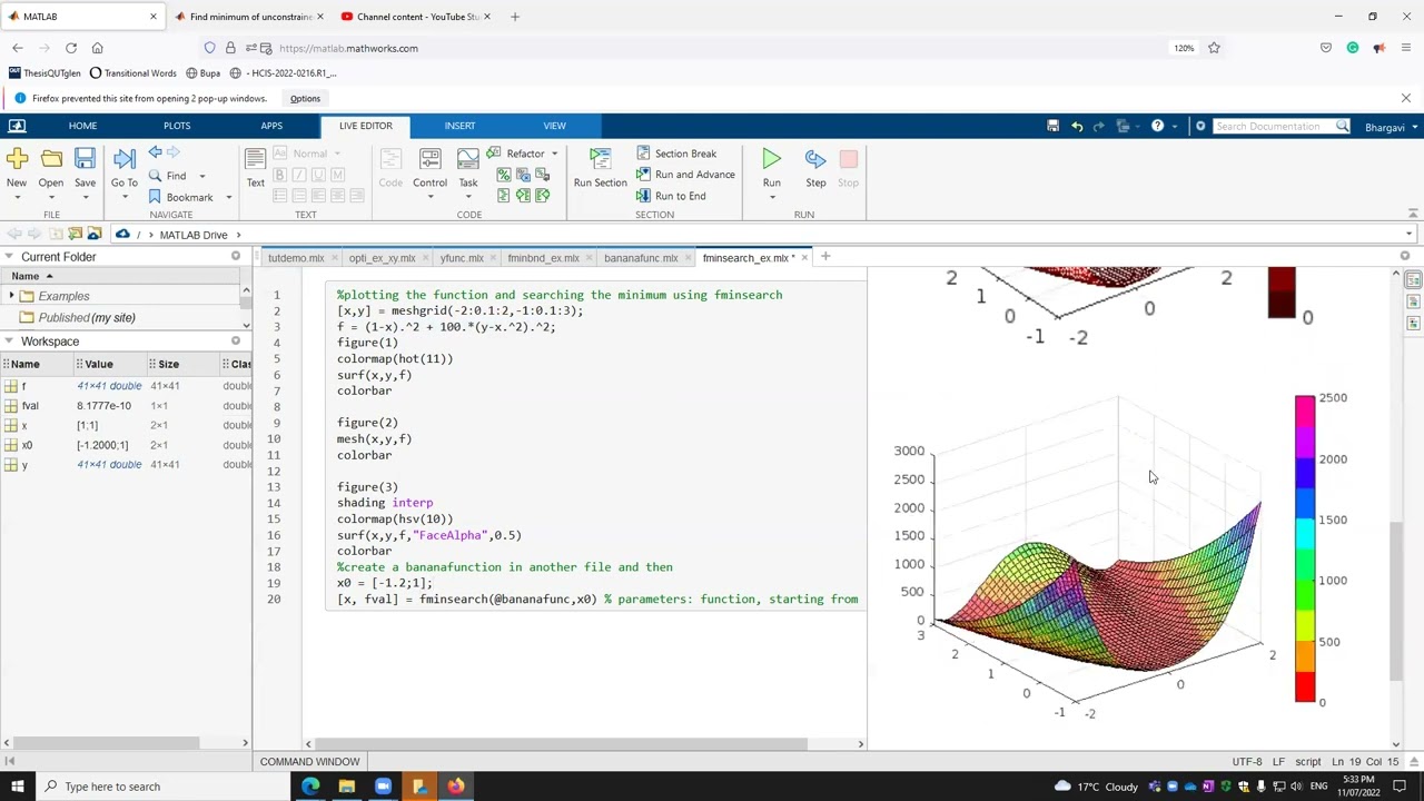 How to plot 3D graph of any equation and find minimum values in Matlab? Fminsearch.