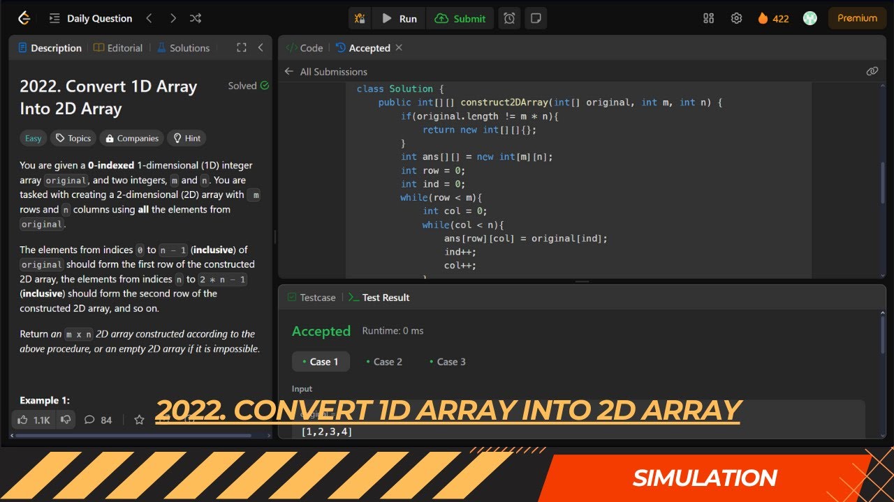 LEETCODE DAILY QUESTION 2022 | Convert 1D Array Into 2D Array | Is Kabir Coding #leetcode #coding