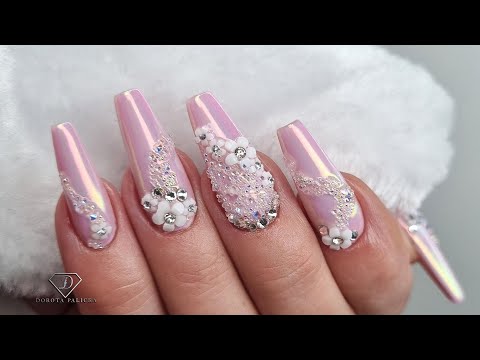 Pink Chrome Nails with flowers and crystals. π Professional Gel nail extensions step by step