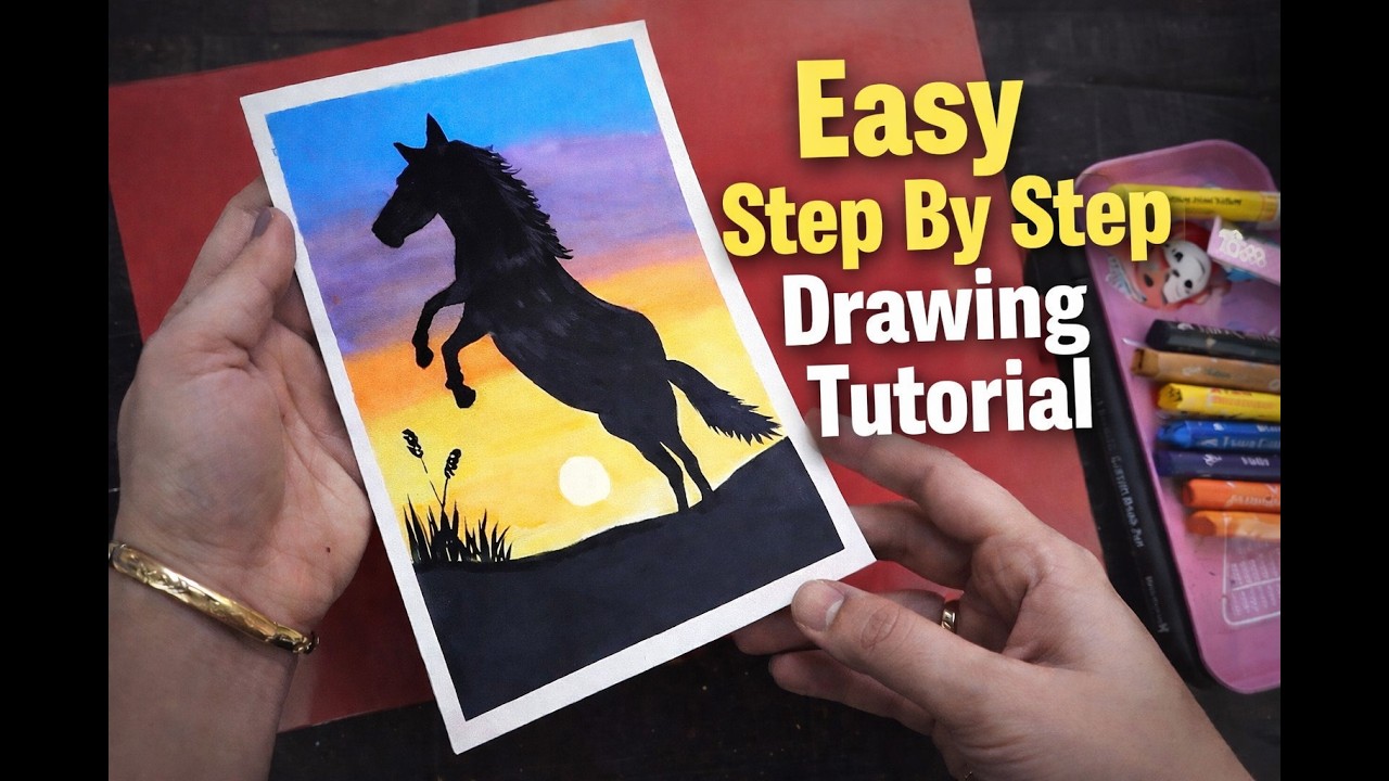 Easy Beginner step by step tutorial| Sunset with a Horse| Draw with Me #art #drawing #drawwithme