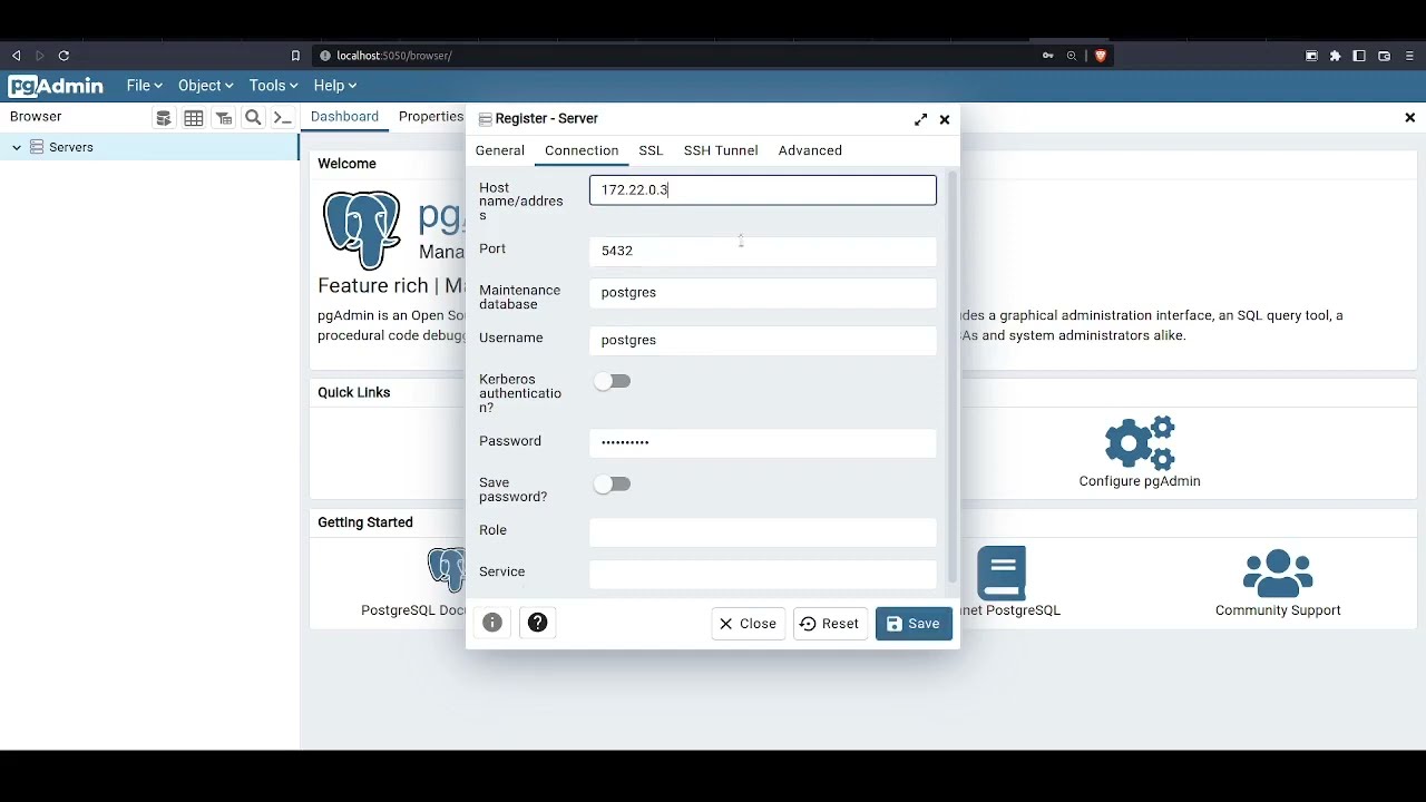 pgAdmin not connecting with postgres Docker image