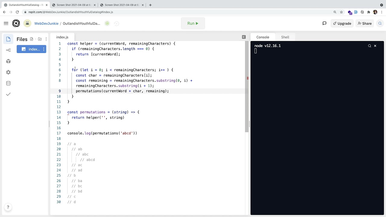 Helped a subscriber understand permutations recursive algorithm in Javascript