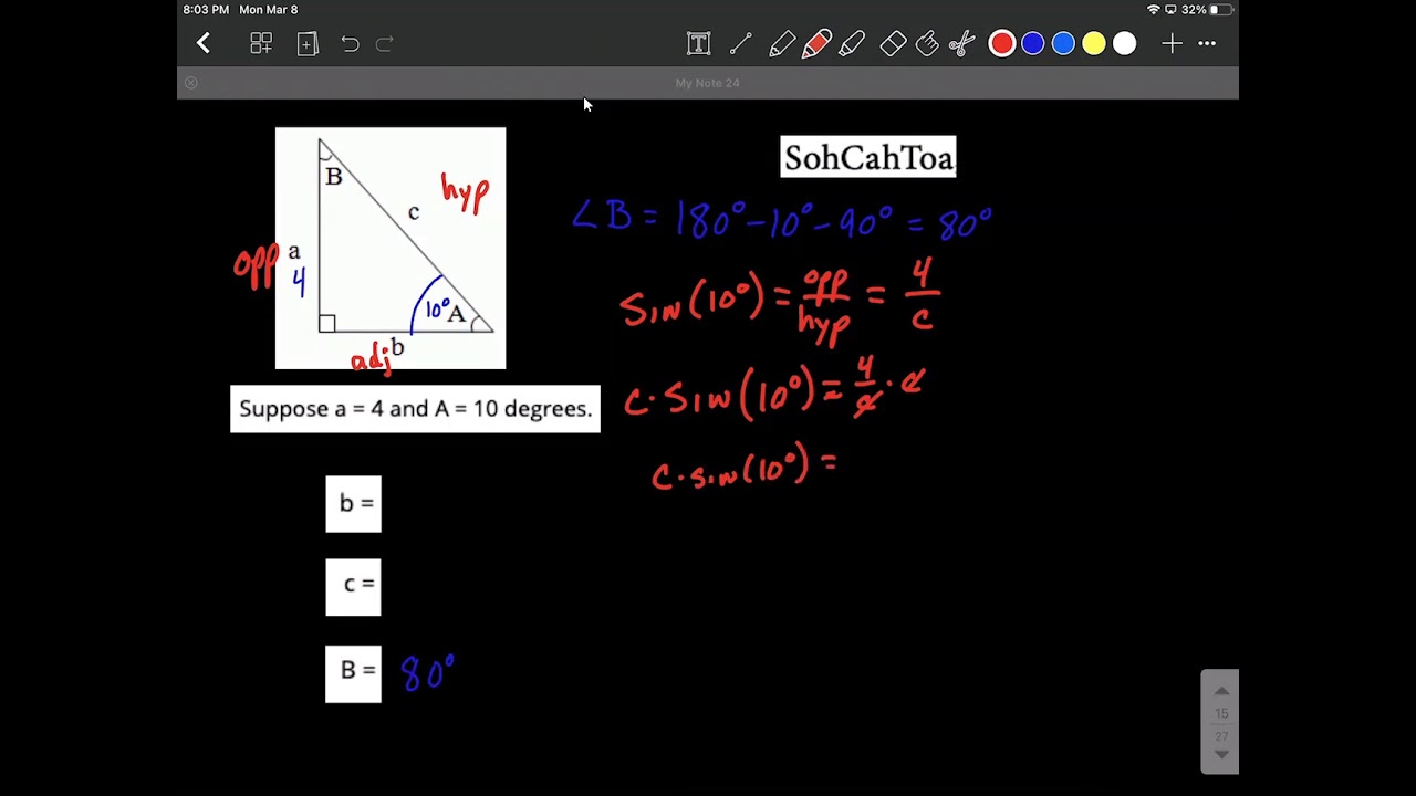 Solve right triangle given angle and leg (side)