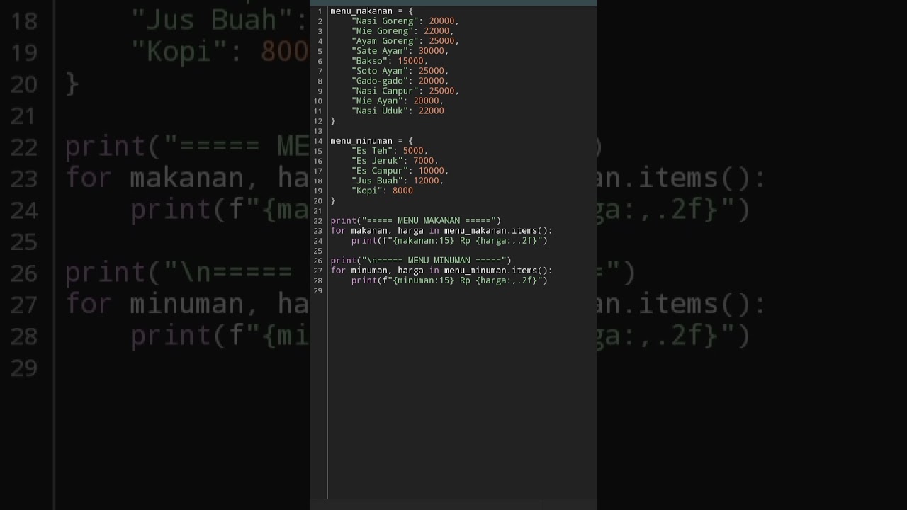 Program menu makanan Python, Save aja dulu nanti butuh pasti #pythonprogramming #python #programming